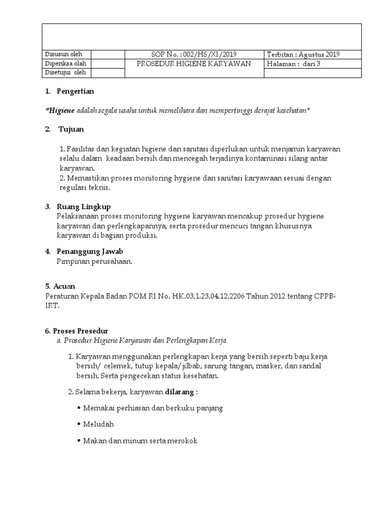 Prosedur Hygiene Karyawan SOP 002 | PDF | Kesehatan Holistik | Sains ...