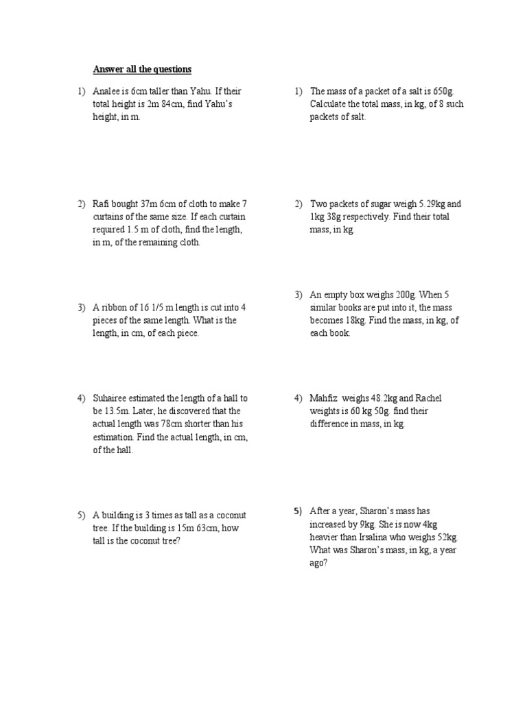 Math Word Problems on Heights and Weights | PDF