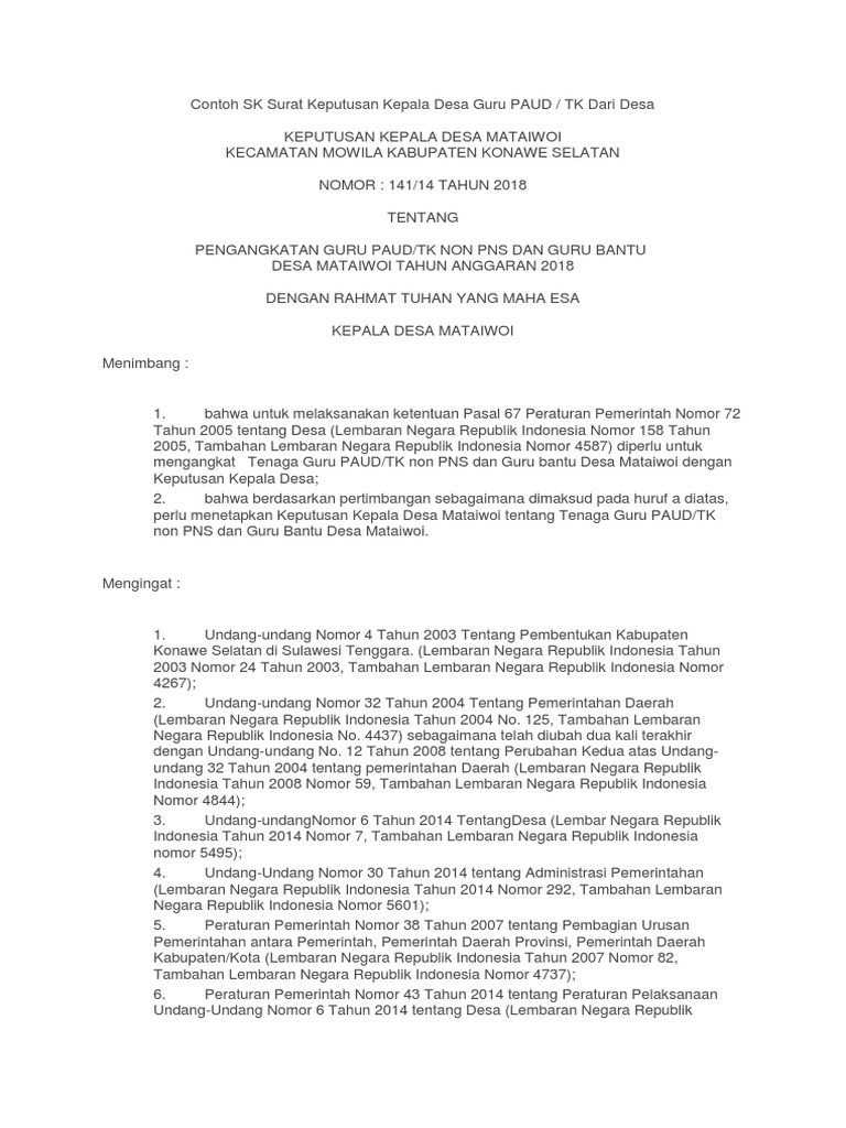 Contoh SK Surat Keputusan Kepala Desa Guru PAUD | PDF
