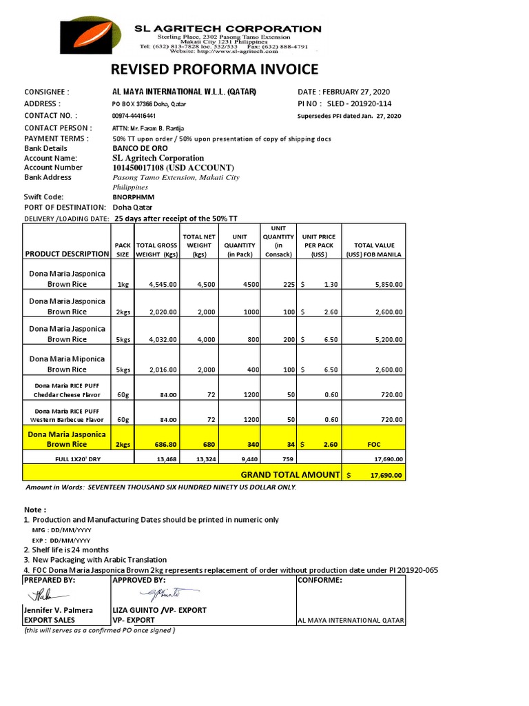 Revised Al Maya Qatar Proforma Invoice Jan 2020 Order | PDF
