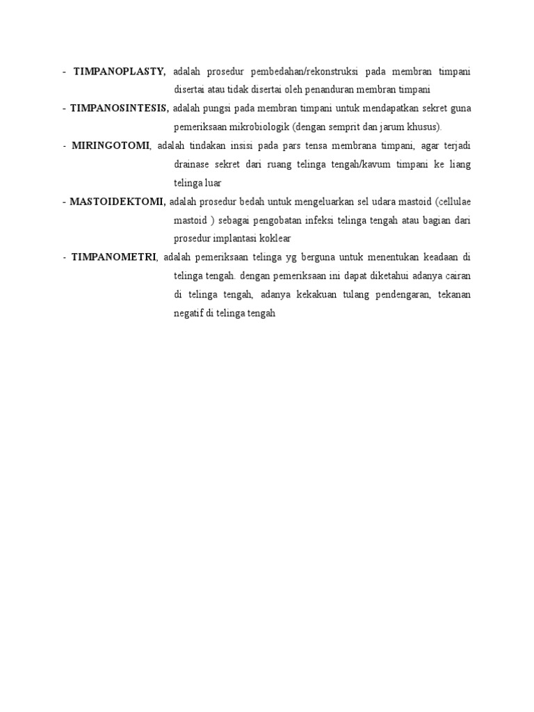 Beda Timpanoplasti, Timpanosintesis, Miringotomi, Mastoidektomi | PDF ...