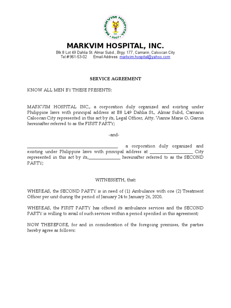 Service Agreement Between Markvim Hospital Inc. and [Company Name] for ...