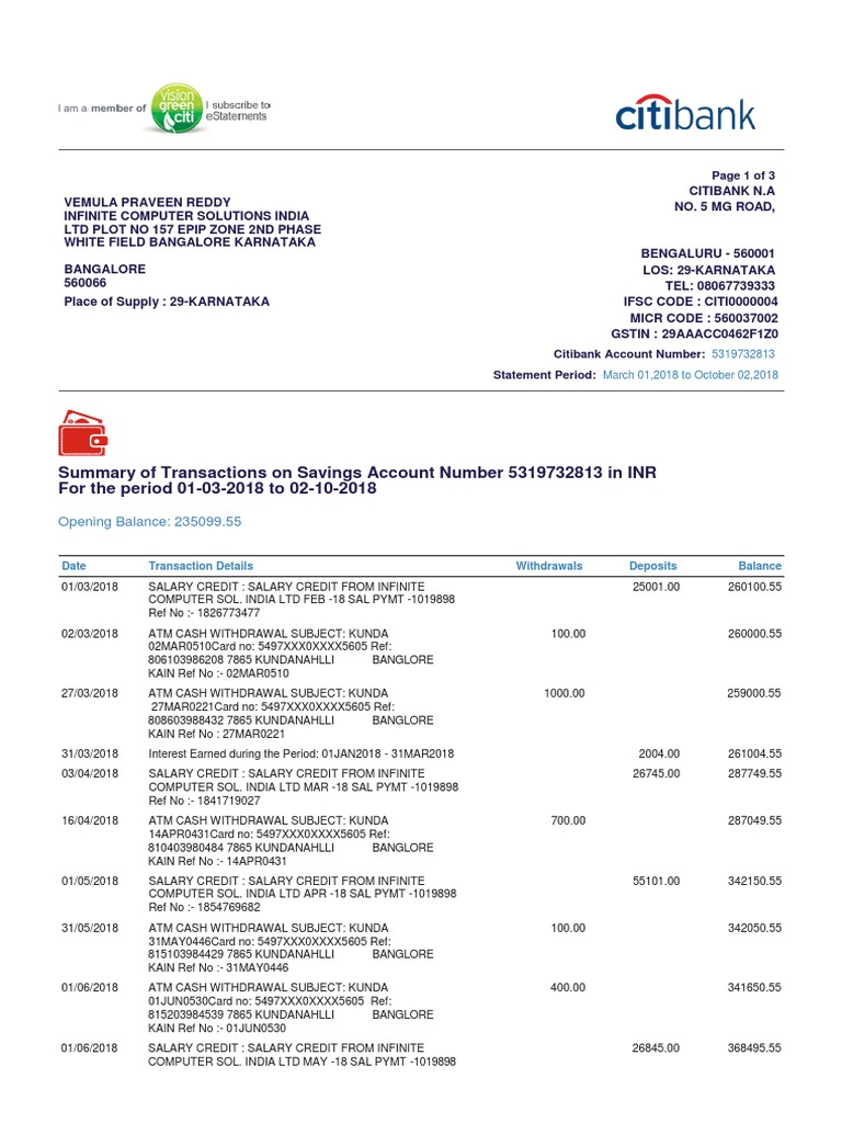 Citibank Account Statement-20180301 TO 20181002 | PDF