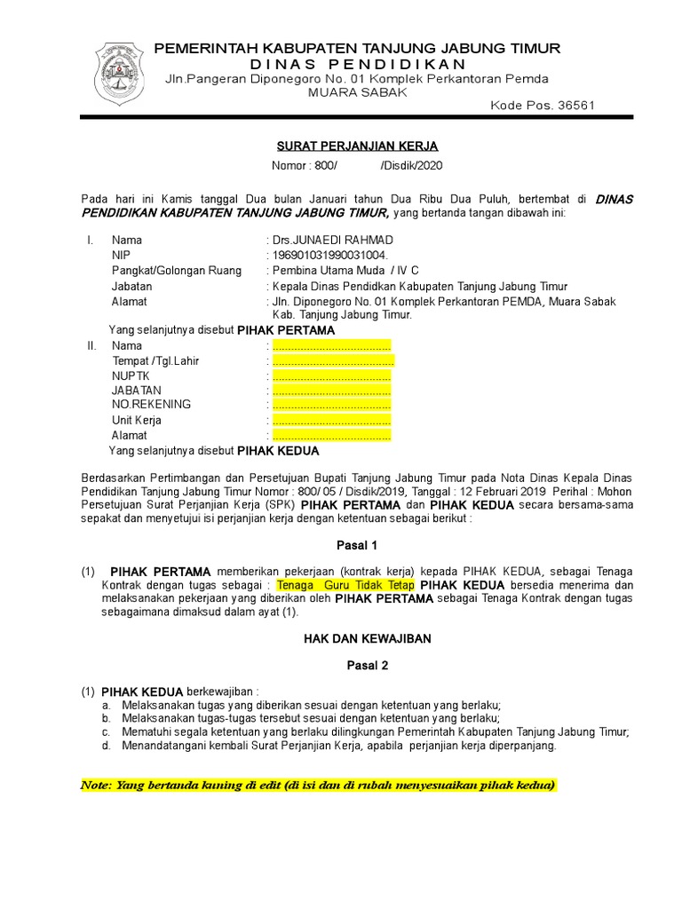 Format SPK Kontrak TK - PAUD | PDF