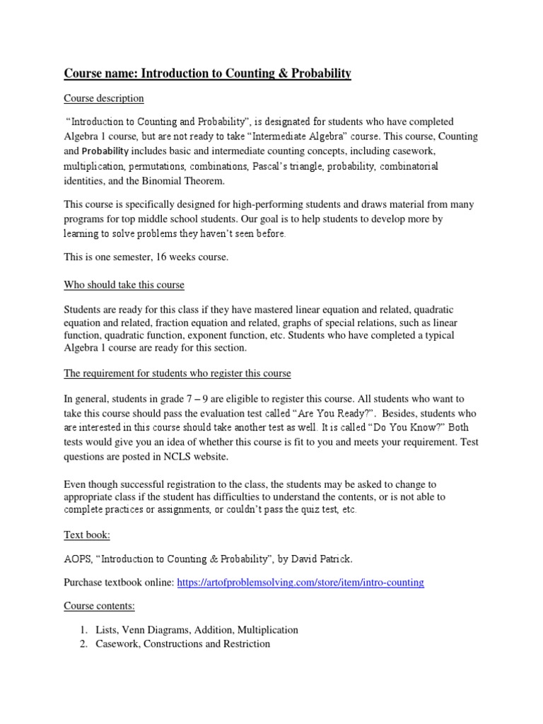 AOPS Counting Probability Course Description1 | PDF