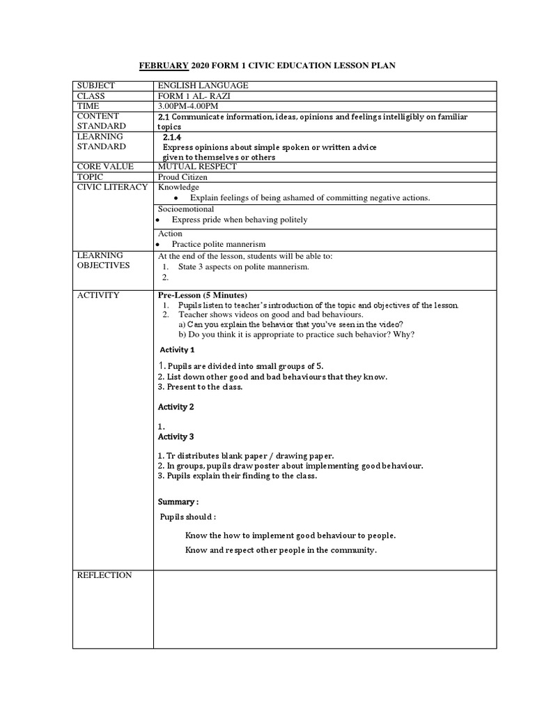 FEBRUARY 2020 FORM 1 CIVIC EDUCATION LESSON PLAN