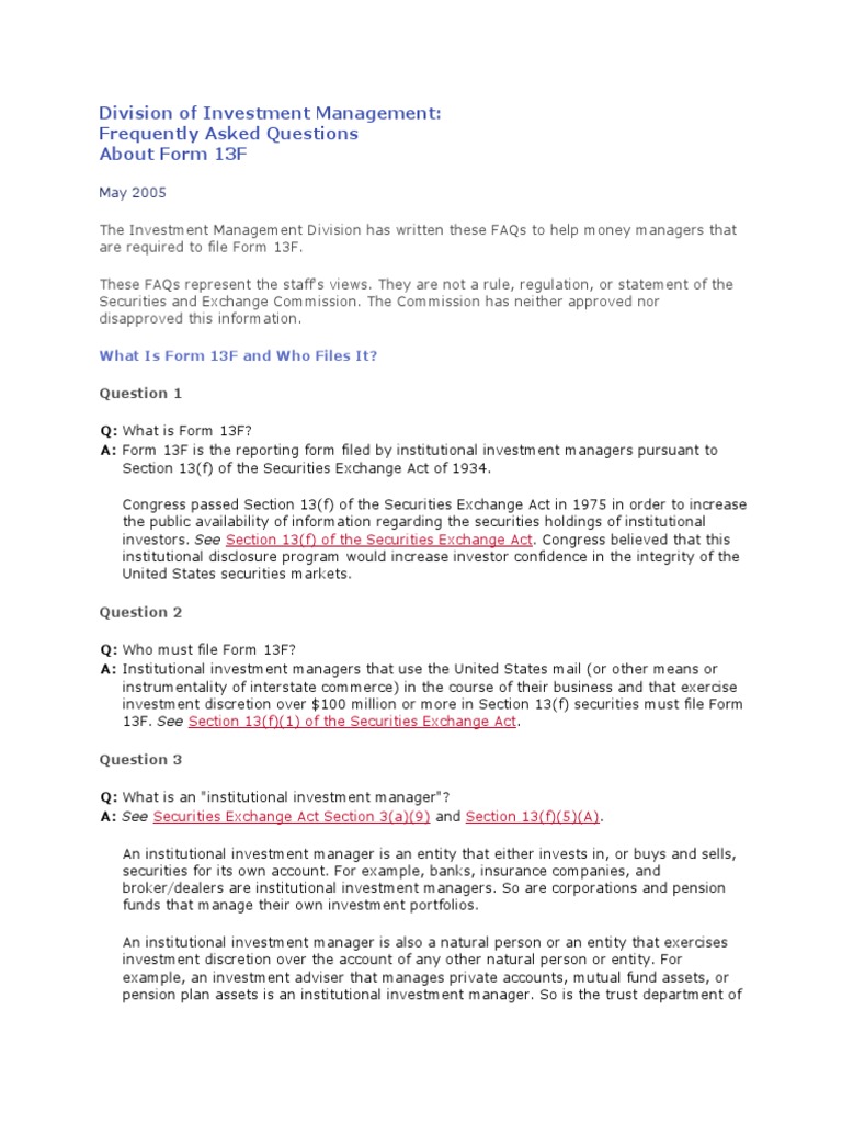 Division of Investment Management: Frequently Asked Questions About ...