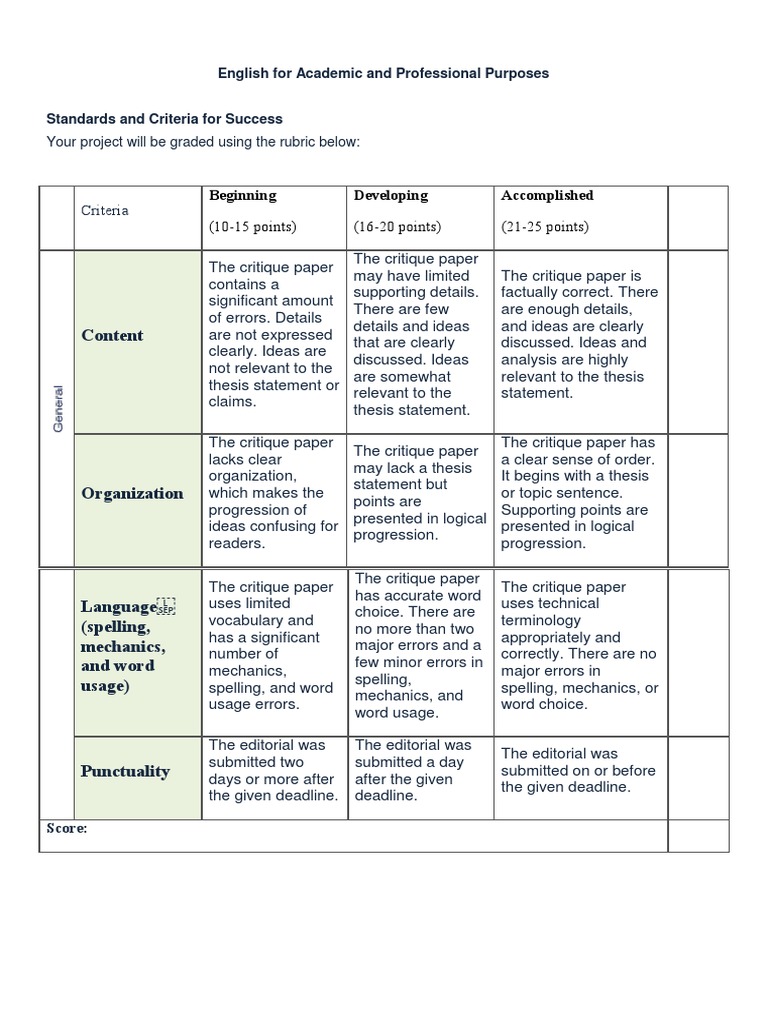 Critique Paper Rubric | PDF | Rubric (Academic) | Thesis