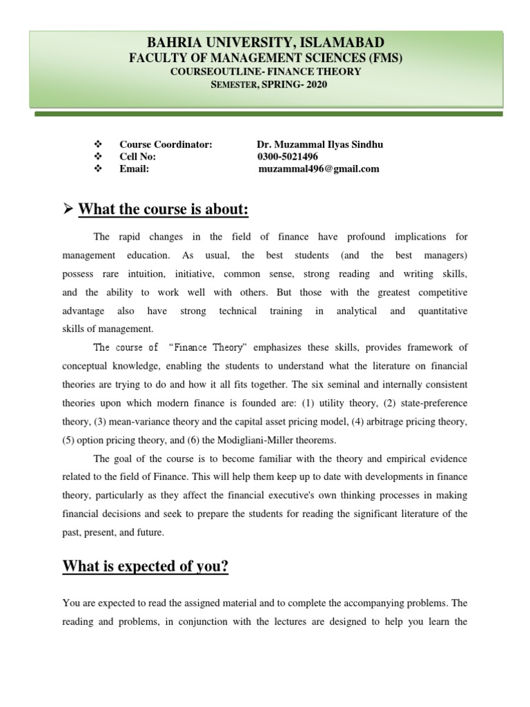 Course Outline-Finance Theory | PDF | Valuation (Finance) | Capital ...
