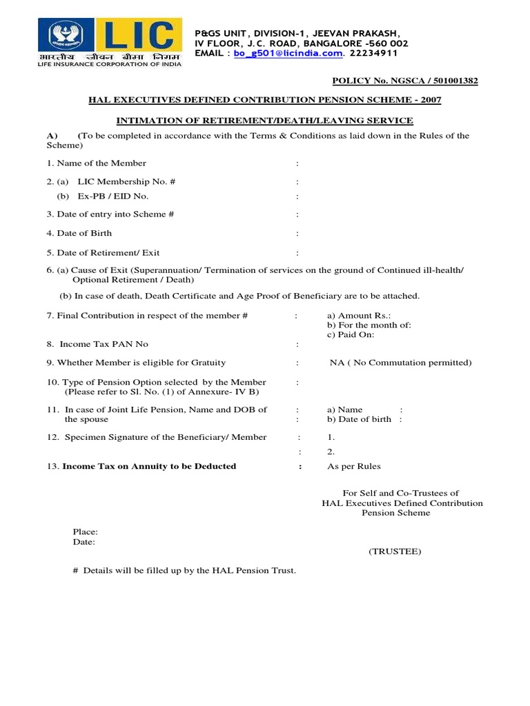 LIC Form - Intimation of Death Retirement Leaving Service | Download ...