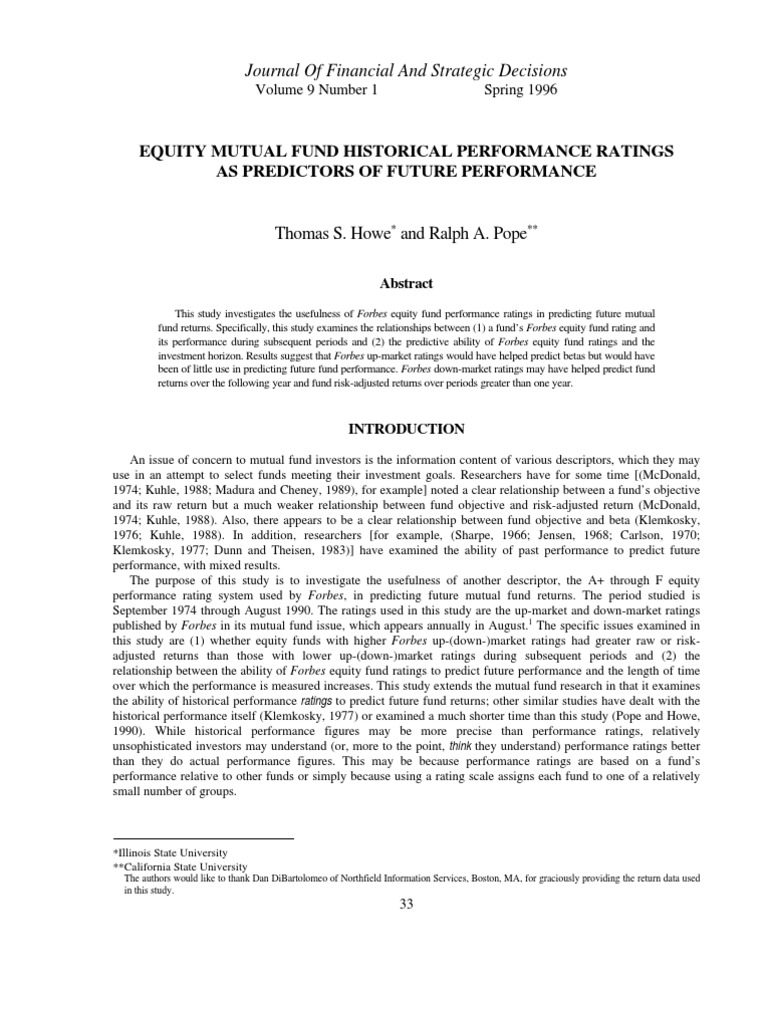 Equity Mutual Fund Historical Performance Ratings As Predictors of ...