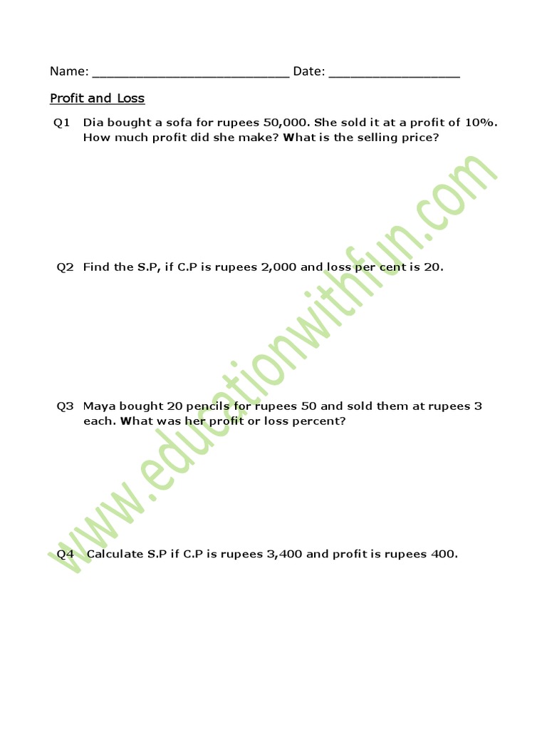 Profit and Loss Worksheet 2 PDF | PDF