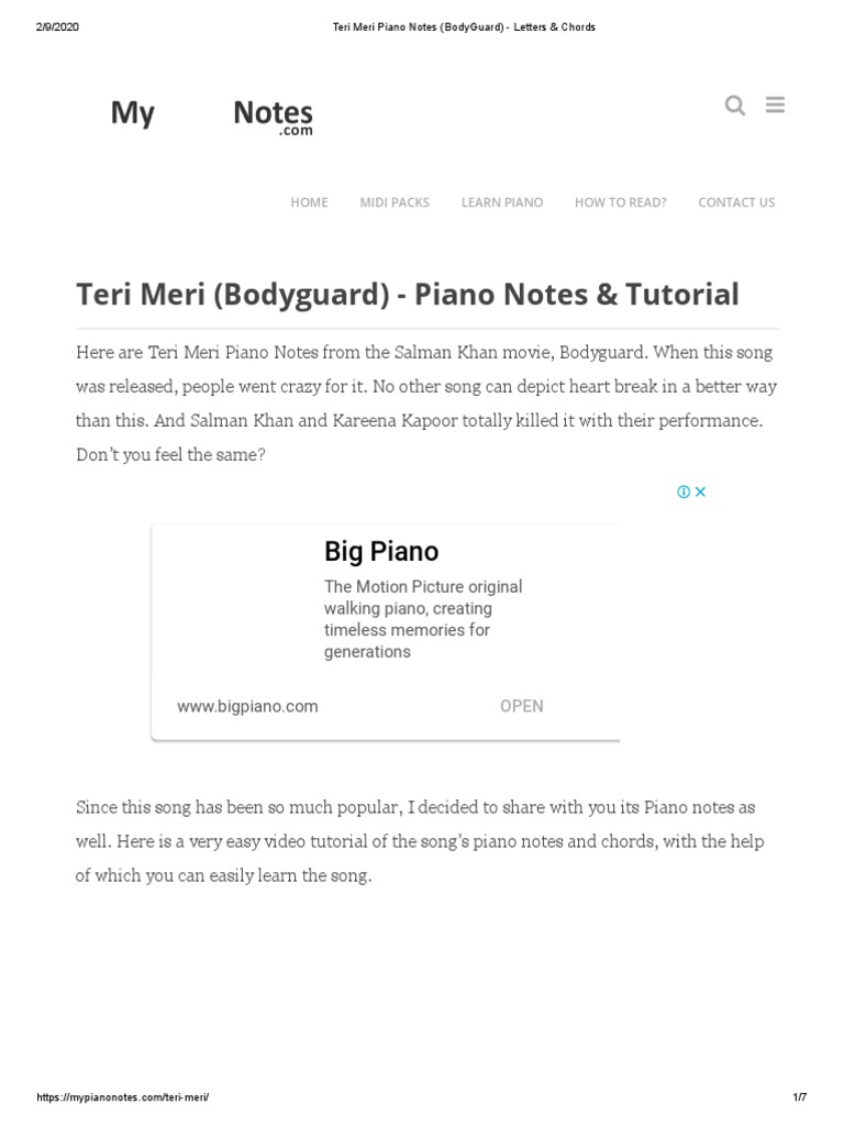 Teri Meri Piano Notes (BodyGuard) - Letters & Chords | PDF