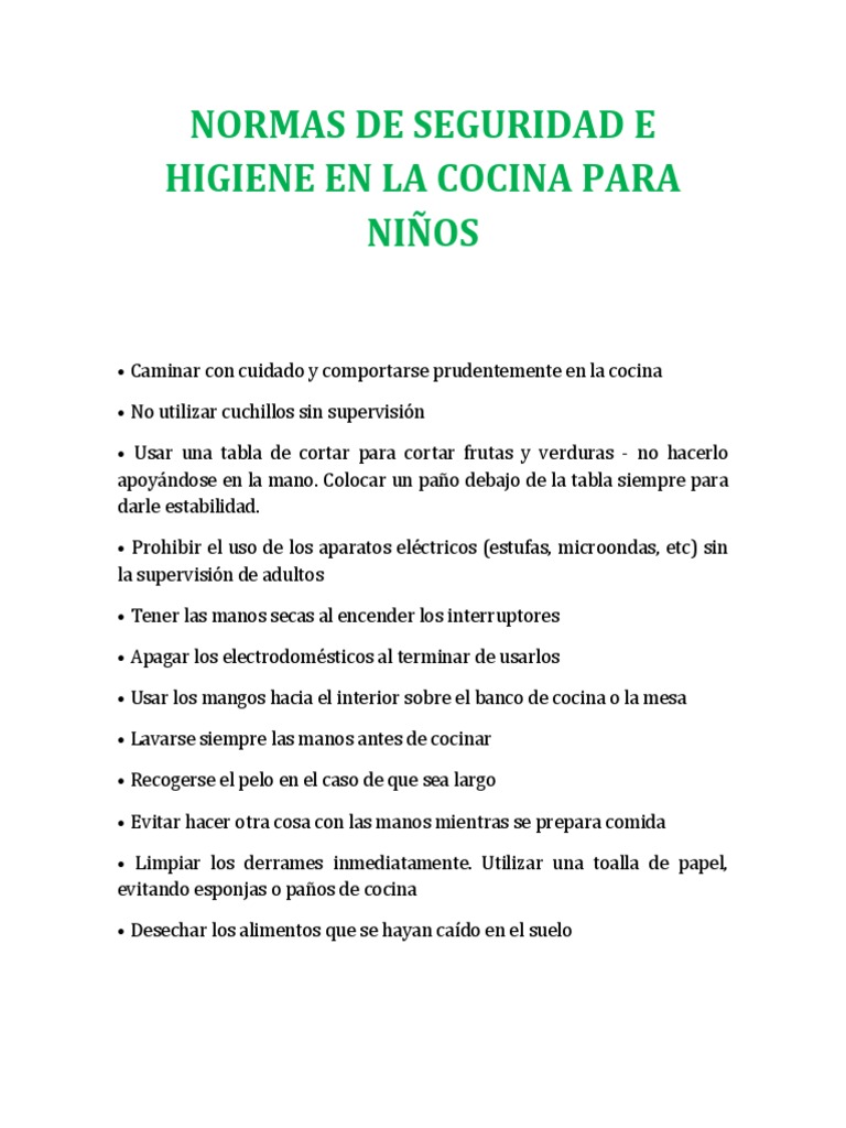 Normas de Seguridad e Higiene en La Cocina para Niños | PDF