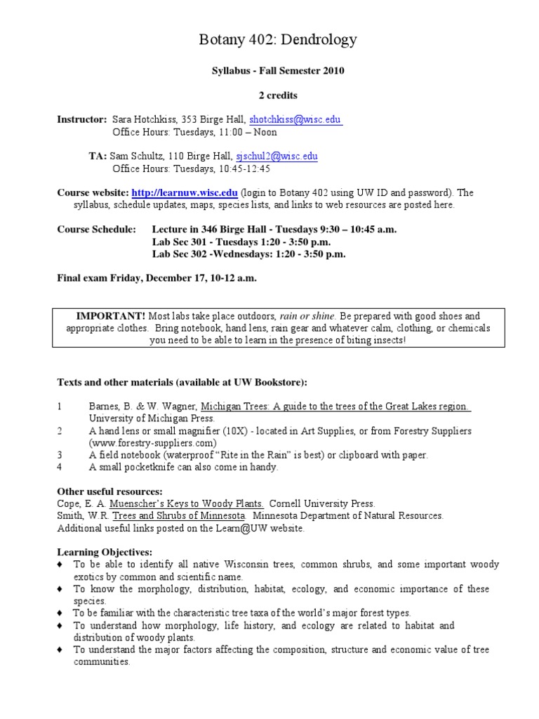 Botany 402: Dendrology: Shotchkiss@wisc - Edu | PDF | Trees | Plants