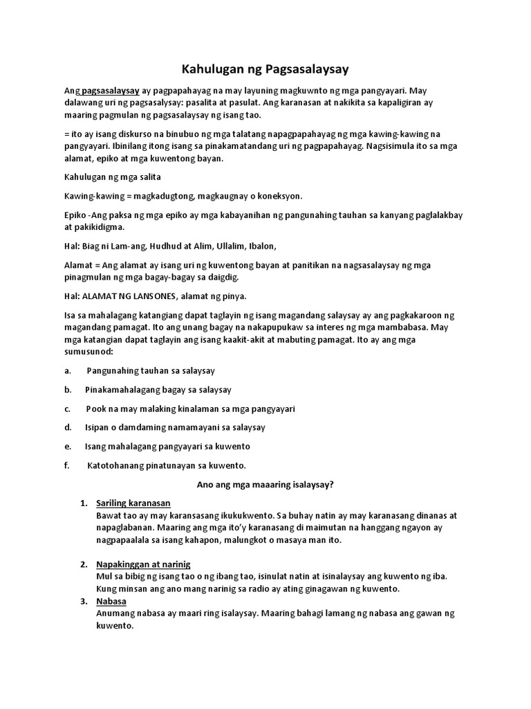 Kahulugan NG Pagsasalaysay Report | PDF