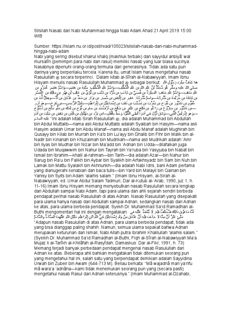 Silsilah Nasab Dari Nabi Muhammad Hingga Nabi Adam Ahad 21 April 2019 ...