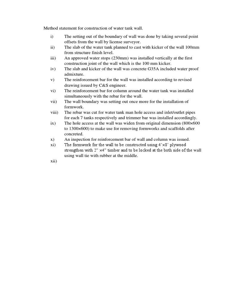 Method Statement For Construction of Water Tank Wall | PDF