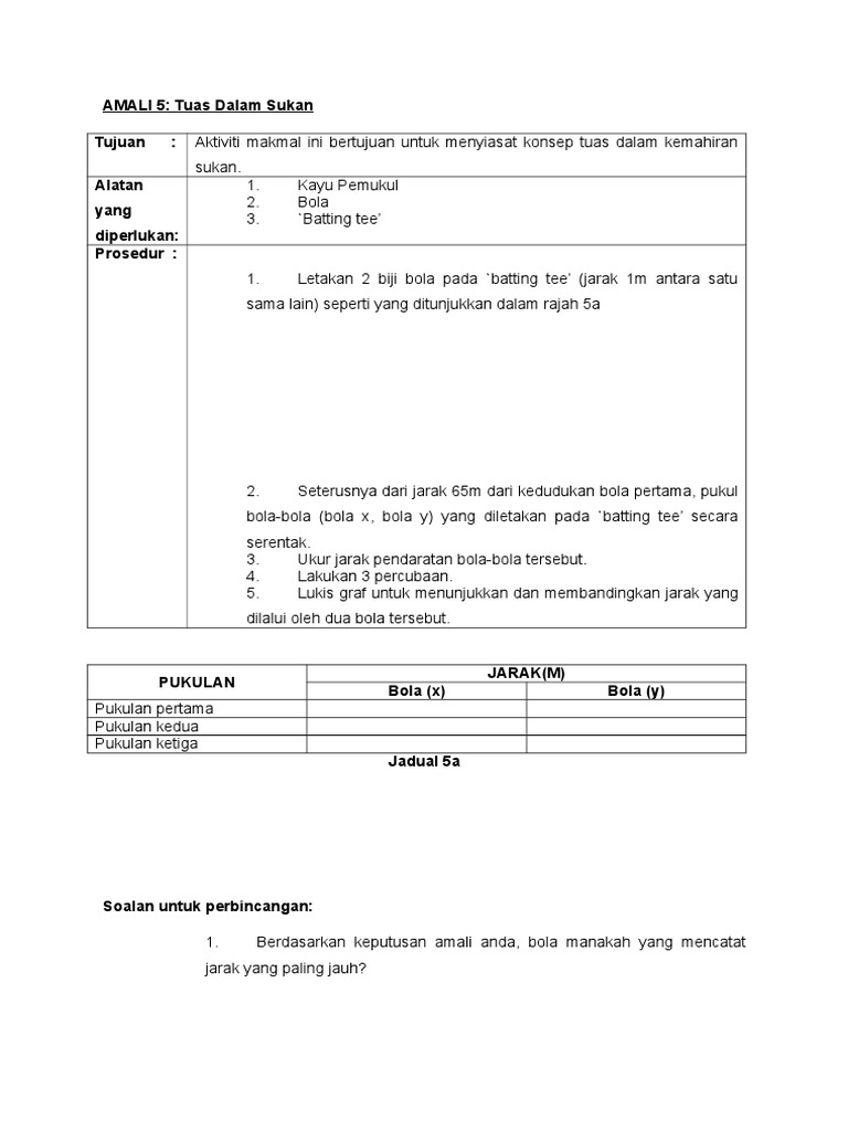 Laporan Amali 5 - Konsep Tuas Dalam Kemahiran Sukan | PDF