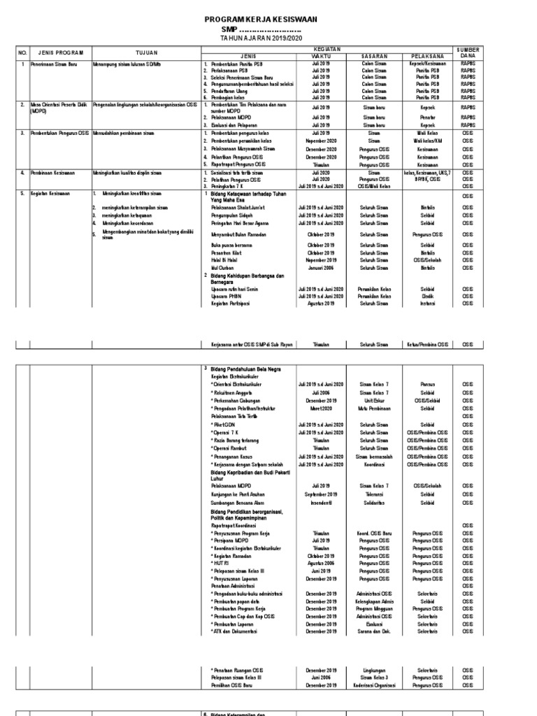 Program Kerja Dan Jadwal Kegiatan Kesiswaan | PDF