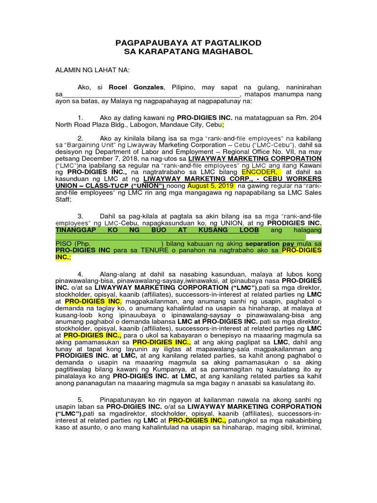 Separation Pay Quit Claim LMC | PDF