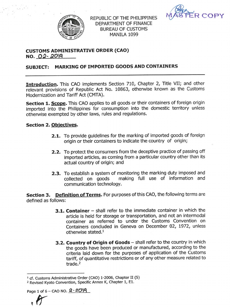 Cao-02-2019 Marking of Imported Goods and Containers | PDF