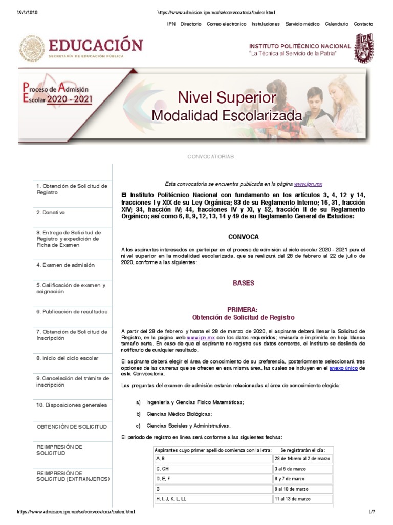 Convocatoria Ipn Admision 2020 | PDF | Prueba (evaluación) | Lápiz