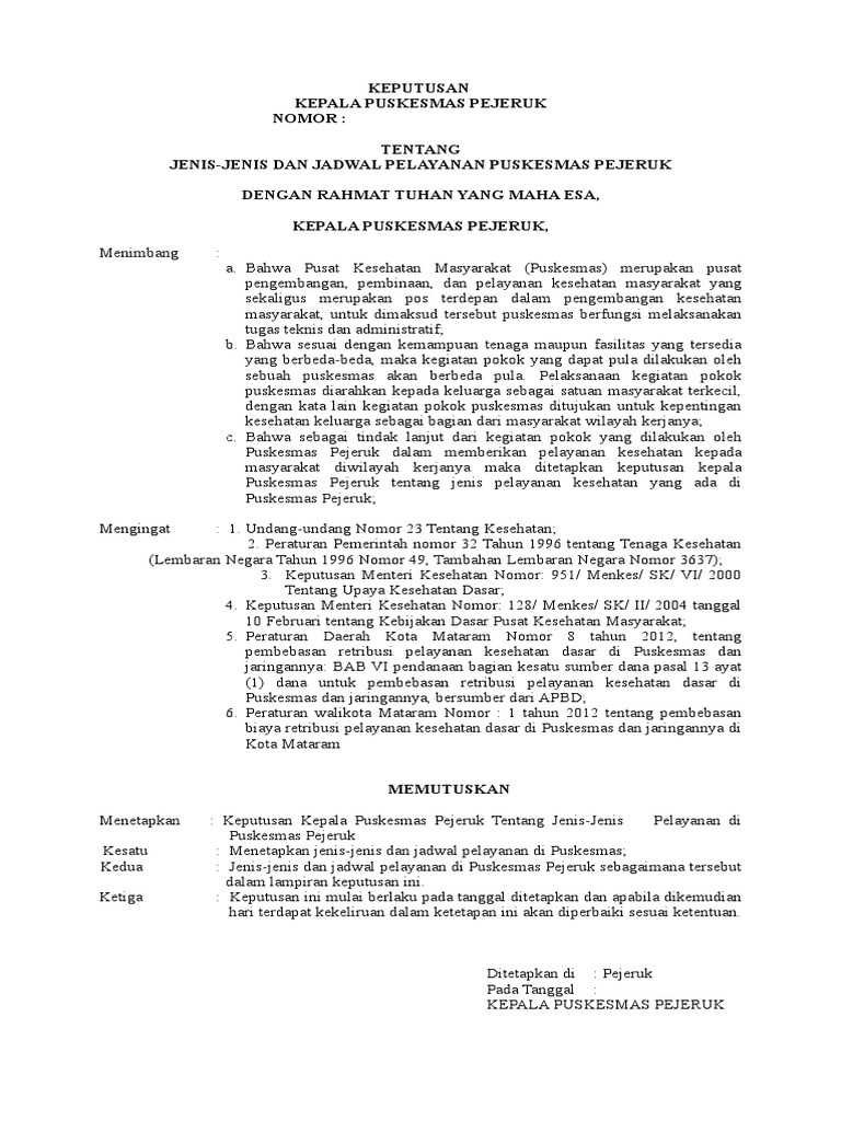A.1.1.1. SK Jenis Dan Jadwal Pelayanan Di Puskesmas PJR | PDF