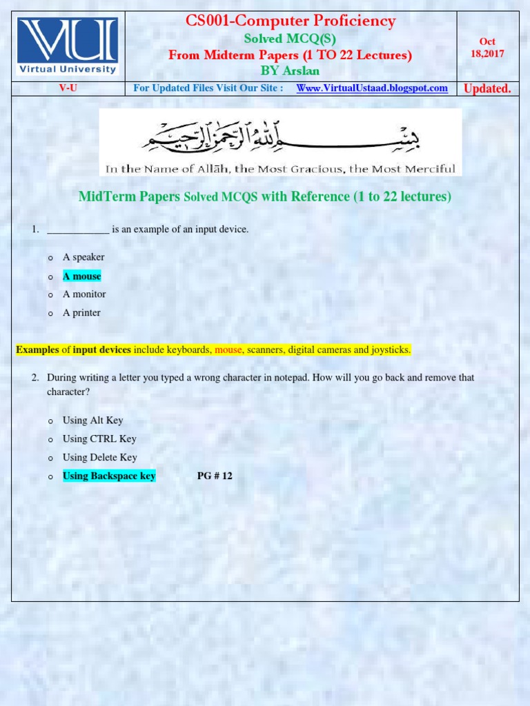 CS001-MidTerm MCQs With Reference Solved by Arslan | PDF | Personal Computers | Icon (Computing)