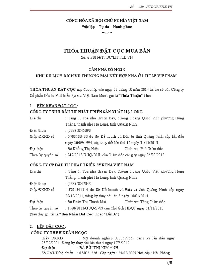 Thoa Thuan Dat Coc HDMB HO2-9 Bu00D9I THu1ECA KIM ANH | PDF
