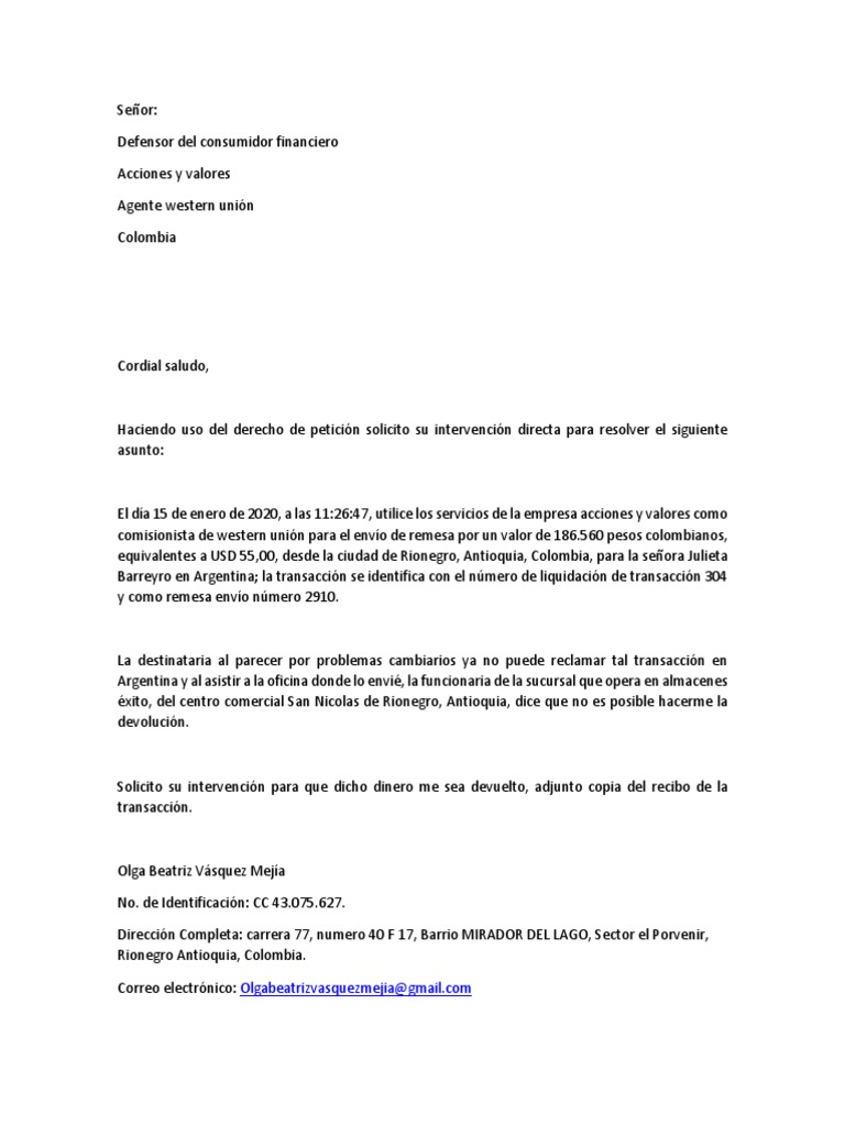 Peticion Defensor Acciones y Valores Western Union | PDF