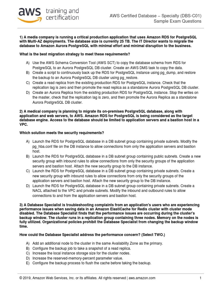 AWS Certified Database Specialty - Sample Questions - v1.1 | PDF ...