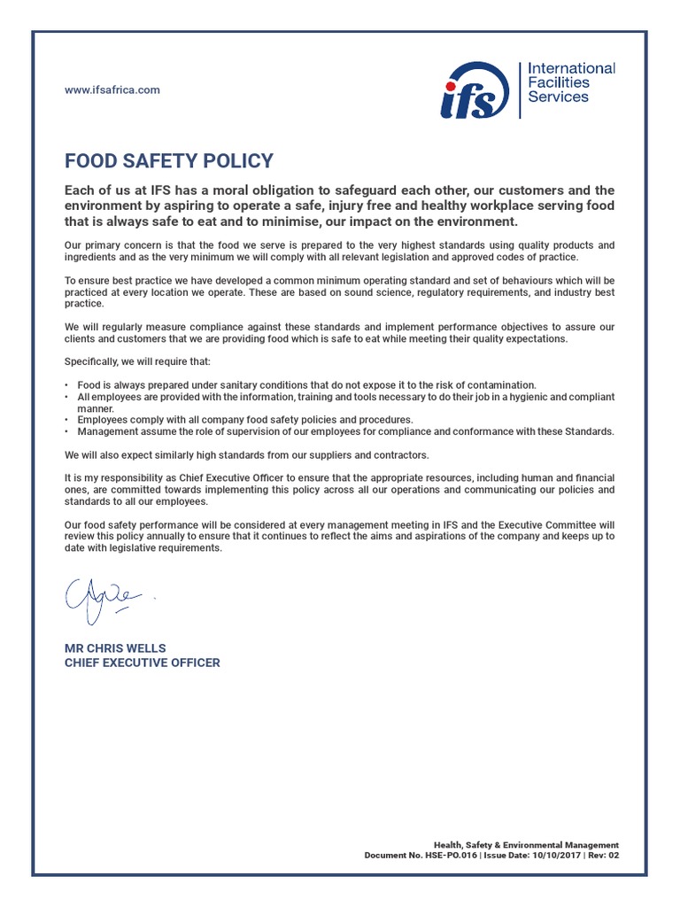 Ifs Food Safety Policy | PDF