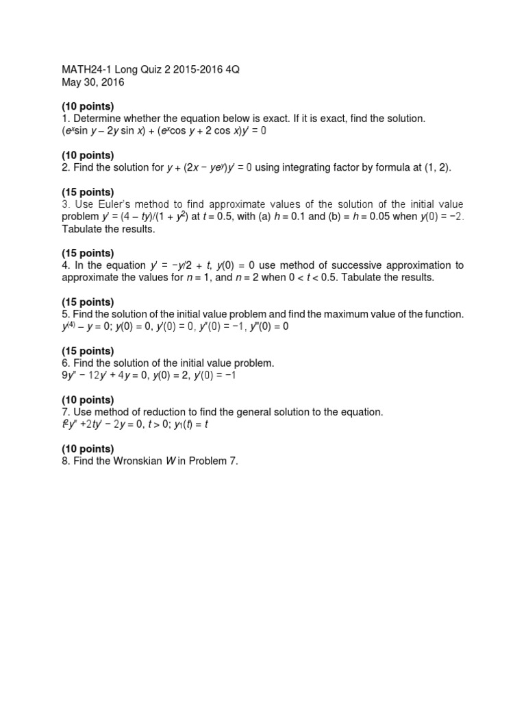 Solving Differential Equations: Long Quiz on Methods of Integration ...