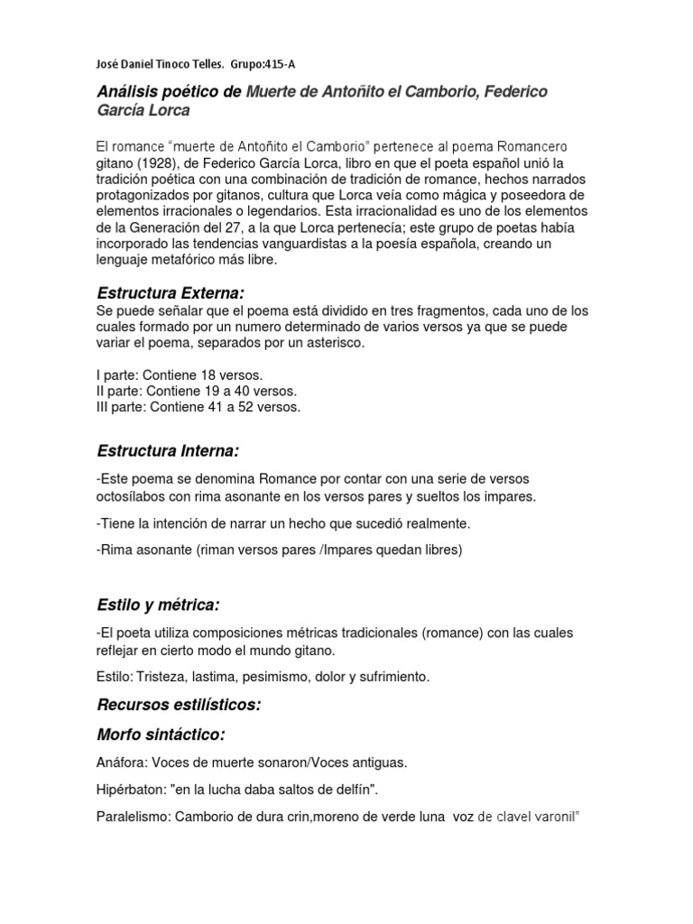 Análisis Poético de Muerte de Antoñito El Camborio | PDF