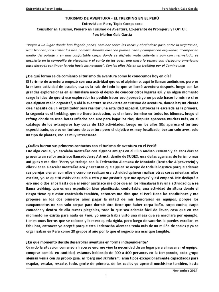 Entrevista A Percy Tapia - Trekking en El Perú - Marlon Gala | PDF ...