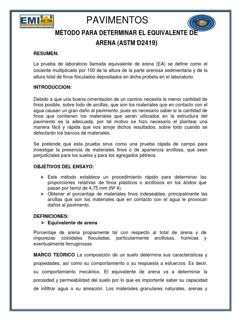 Método Equivalente de Arena ASTM D2419 | PDF | Hormigón | Cemento