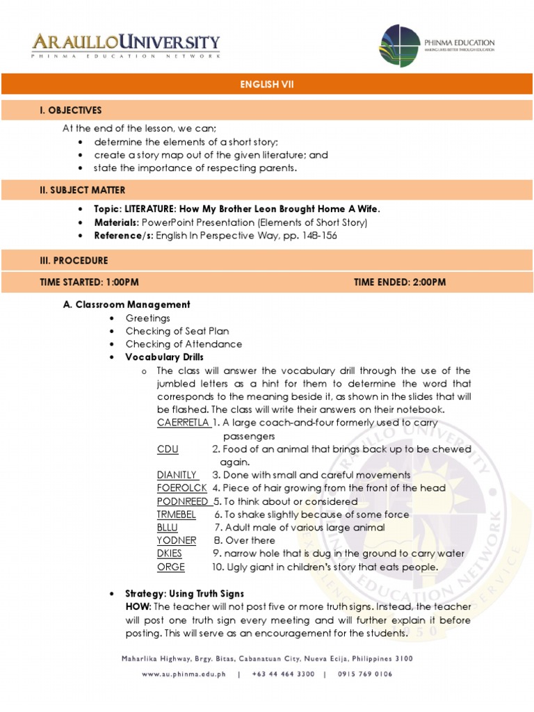 Lesson Plan: My Brother Leon's Wife | PDF | Question | Cognition