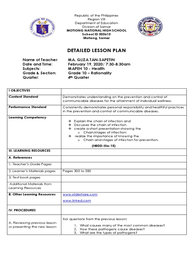 Cot Lesson Plan in Chain of Infection | PDF | Infection | Lesson Plan
