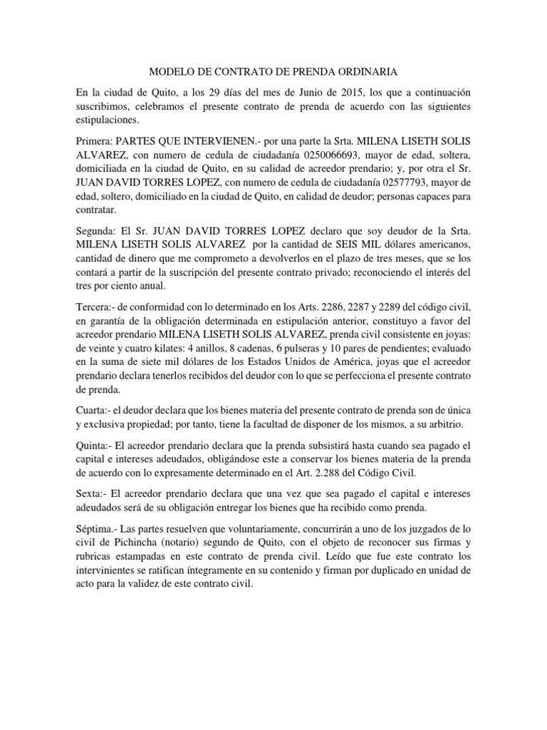 Modelo de Contrato de Prenda Ordinaria | PDF | Justicia | Crimen y ...