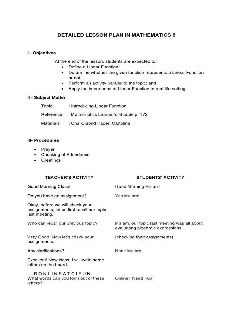 Detailed Lesson Plan For Introducing Linear Function | PDF | Lesson ...