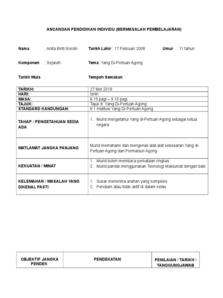 Rancangan Pengajaran Individu Rpi | PDF