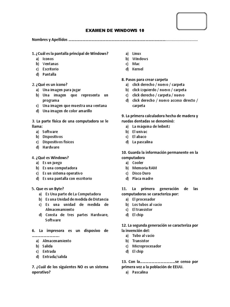 Examen de Windows 10 | PDF | Hardware de la computadora | Microsoft Windows