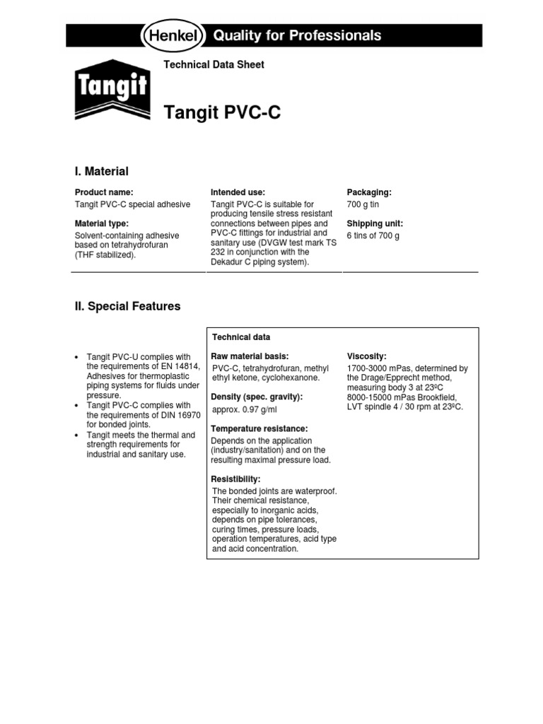 Tangit PVC-C Adhesive Technical Data Sheet | PDF | Adhesive | Pipe ...