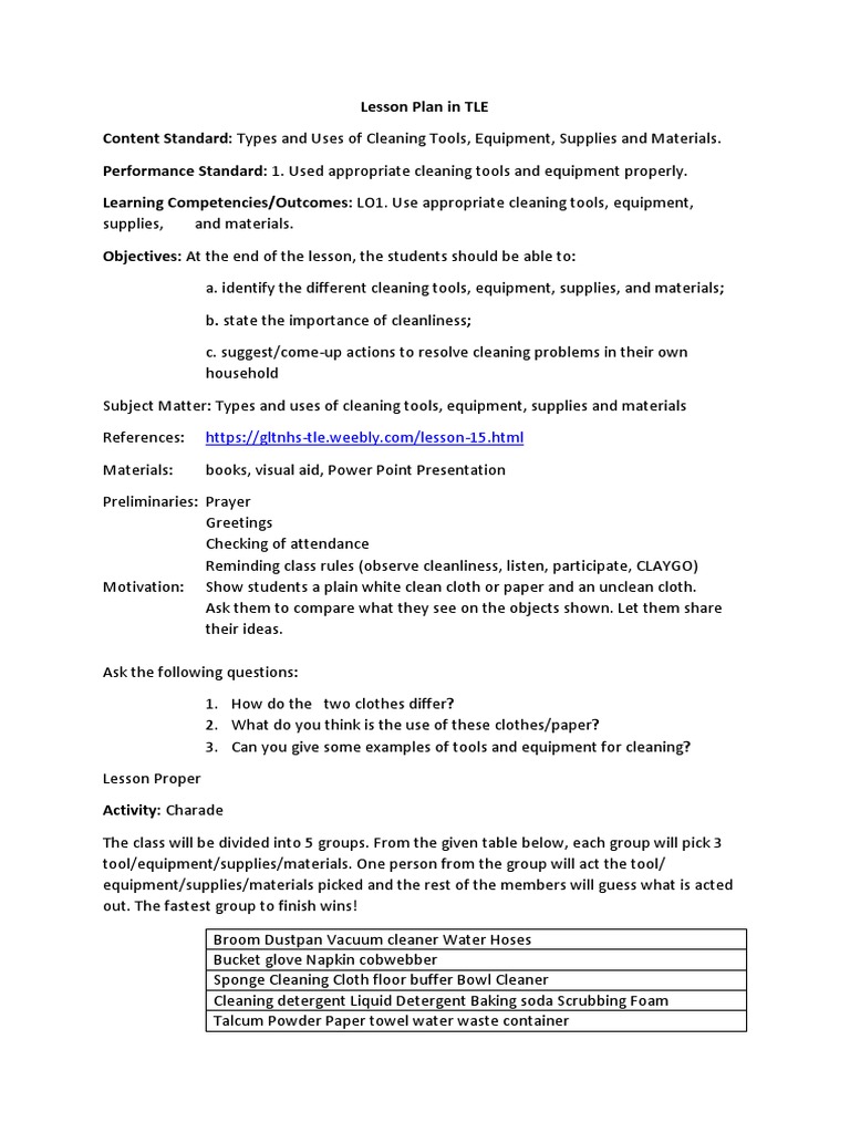 Lesson Plan Housekeeping | Download Free PDF | Housekeeping | Teaching