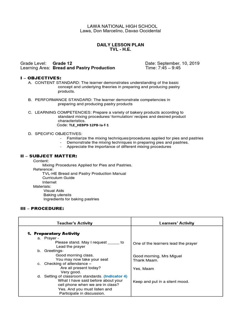 LESSON PLAN - BPP 12 | PDF | Lesson Plan | Baking
