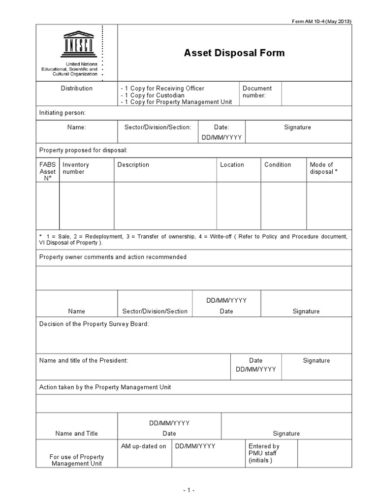 Form AM10-4 - exUNESCO FormAM003-Asset Disposal Form | PDF | Government | Law And Economics