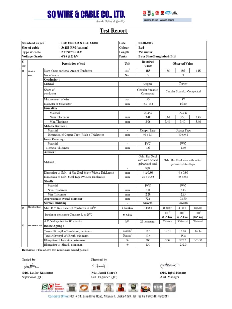 Cable Test Report for 10kV N2xSEYFGbY | PDF | Wire | Electrical Conductor