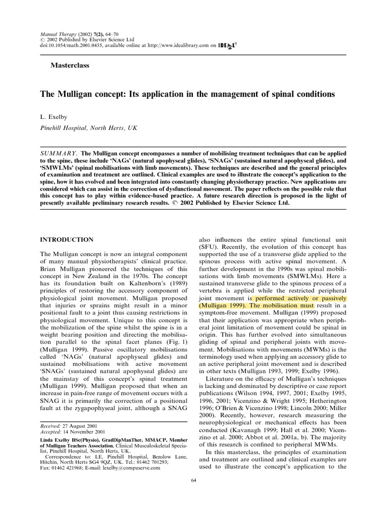 Mulligan Spinal Concept PDF | PDF | Vertebral Column | Physical Therapy