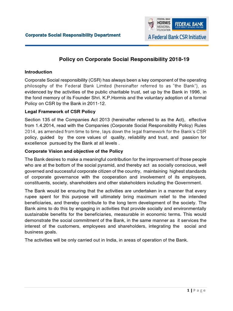 CSR - Federal Bank | PDF | Corporate Social Responsibility | Board Of ...